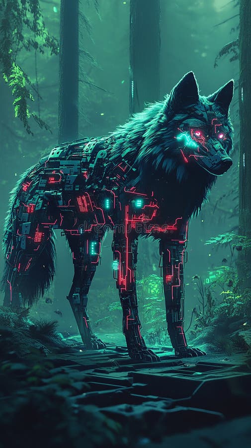 Mechanical Wolf: Enhanced with Neon Circuits in a Cyberpunk World Stock ...