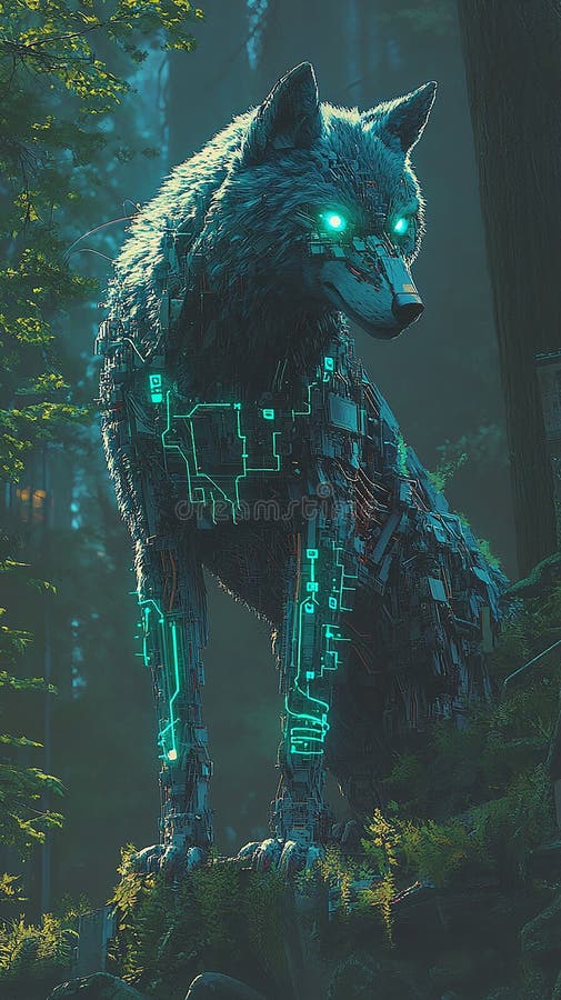 Mechanical Wolf: Enhanced with Neon Circuits in a Cyberpunk World Stock ...