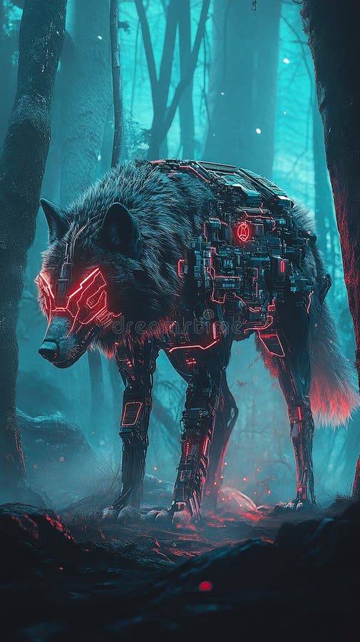 Mechanical Wolf: Enhanced with Neon Circuits in a Cyberpunk World Stock ...