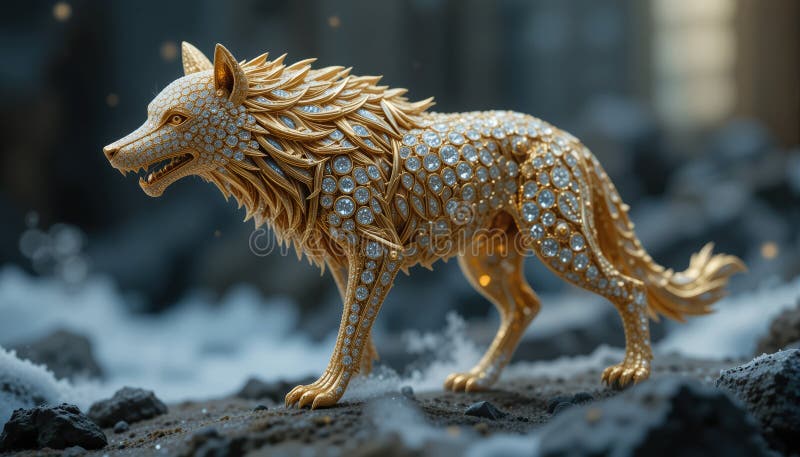 A Mechanical Wolf Made of Gold and Diamonds. Stock Illustration ...