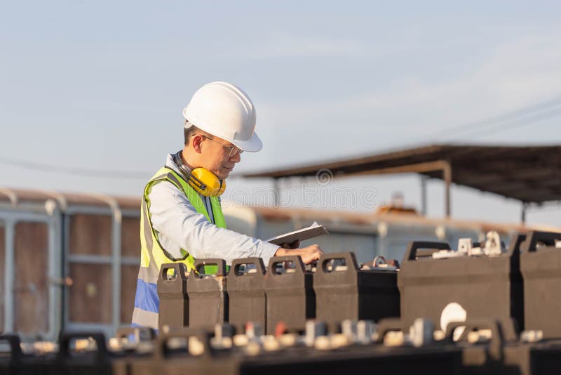 Mechanical Worker Checking of the Battery Storage System, Engineer Man ...