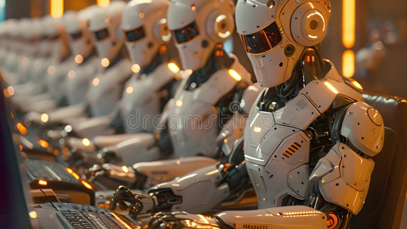 Mechanical Workforce: Many Robots Operating Computers. Stock Video ...