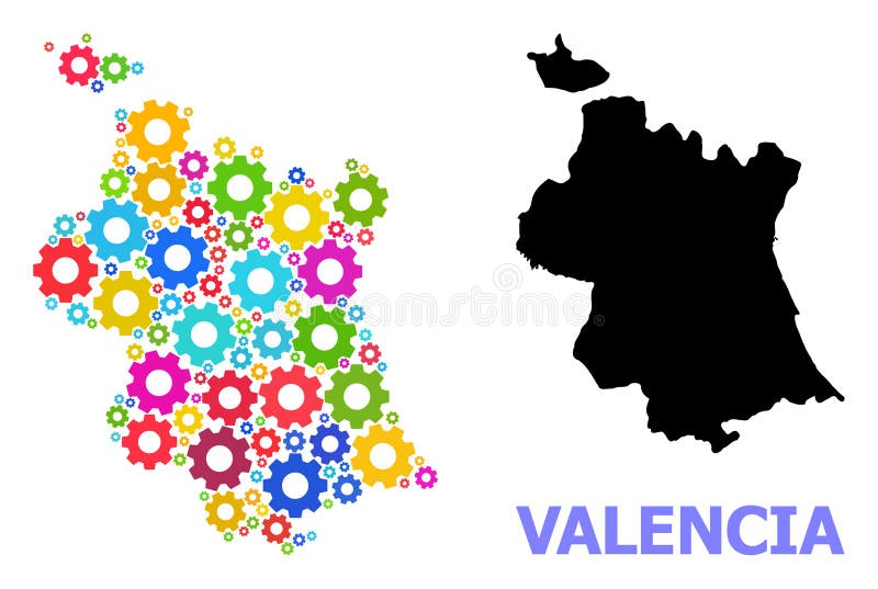 Mechanics Collage Map of Valencia Province with Multi-Colored Cogs ...