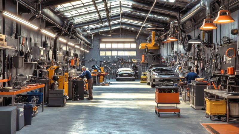Mechanics Diligently Repair Vehicles in a Vibrant Auto Repair Shop ...