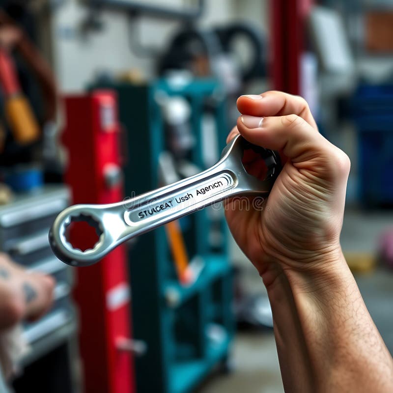 A Mechanics Hand Holding a Shiny Adjustable Wrench in Focus with ...