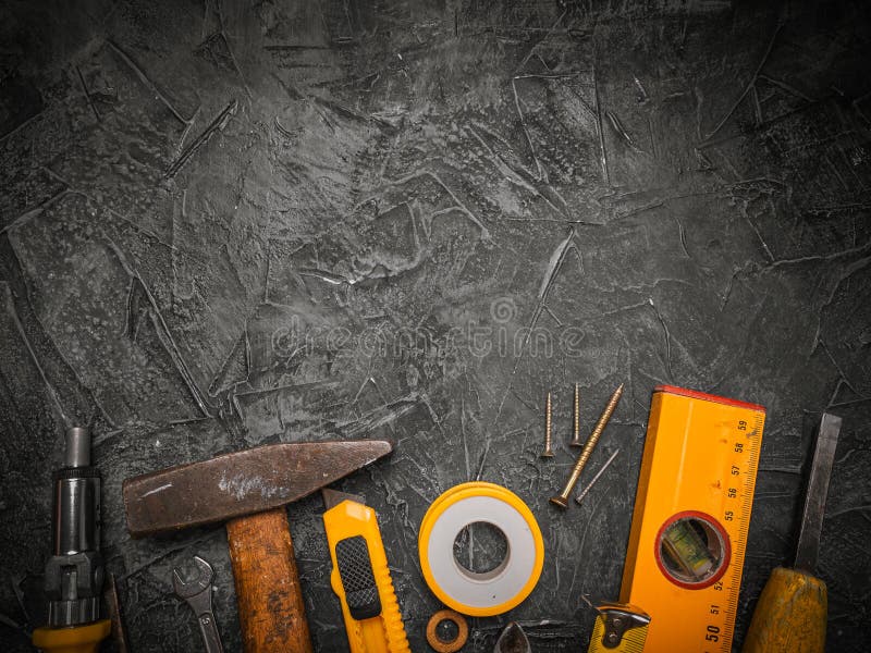 Mechanics Tools on Grey Stone Table, Flat Lay. Space for Text. Working ...