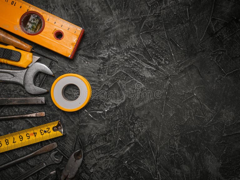 Mechanics Tools on Grey Stone Table, Flat Lay. Space for Text. Working ...