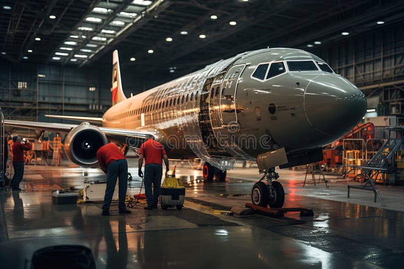 Mechanics are Working on Repairing Airplane in a Hangar Stock ...
