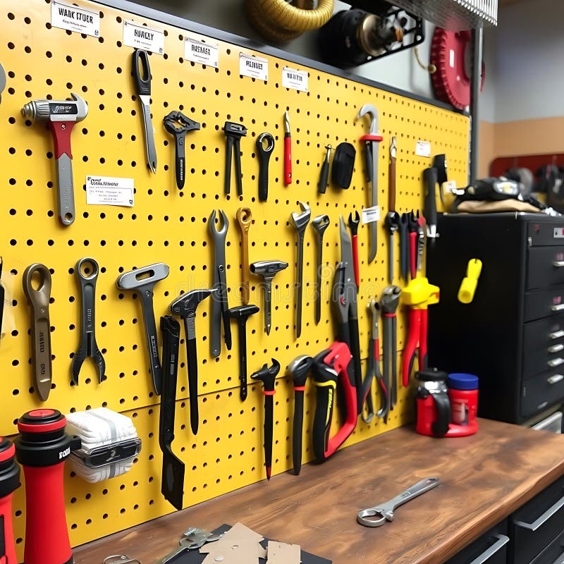 A Mechanics Workspace Featuring Organized Hand Tools Mounted on a ...