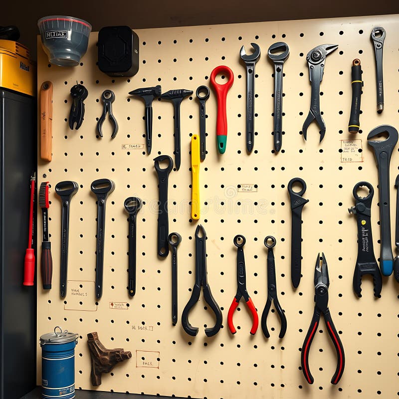 A Mechanics Workspace Featuring Organized Hand Tools Mounted on a ...