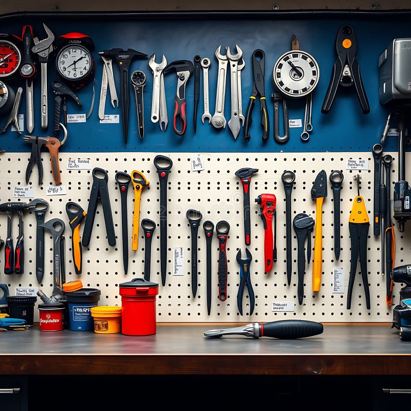 A Mechanics Workspace Featuring Organized Hand Tools Mounted on a ...