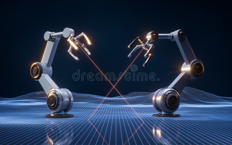 Mechanische Arm En Digitale Rasterruimte 3d Rendering Stock Illustratie ...