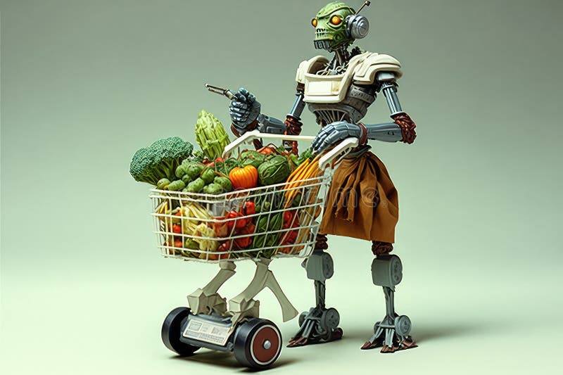 Mechanized Android, with Basket in Hand, Shopping for Ingredients To ...