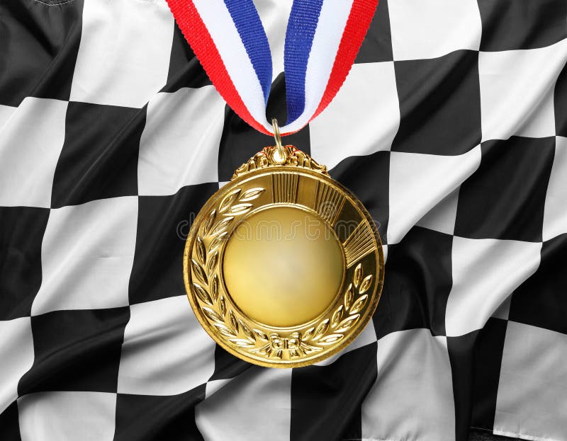 Medal on Checkered Racing Flag Stock Image - Image of award, prize ...