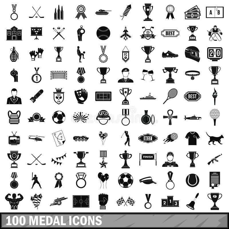 100 Medal Icons Set, Simple Style Stock Vector - Illustration of helmet ...