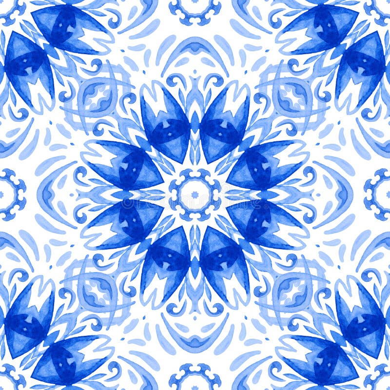 Medallion Damask Tile Watercolor Hand Drawn Floral Pattern Blue And