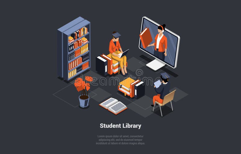 Media Book Library. Characters Reading Books Online on Laptop and ...
