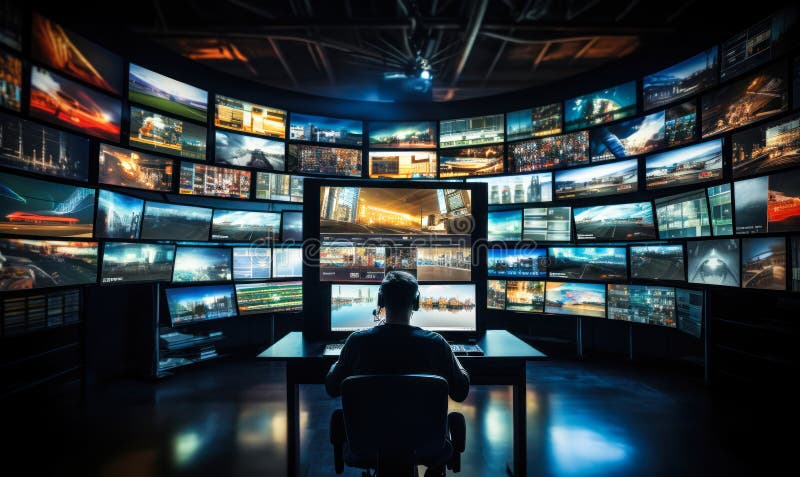 Media Broadcast Control Room with Multiple Screens Displaying Various ...