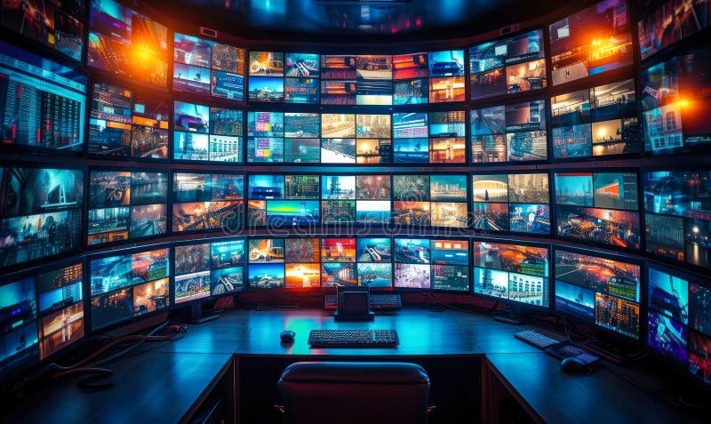 Media Broadcast Control Room with Multiple Screens Displaying Various ...