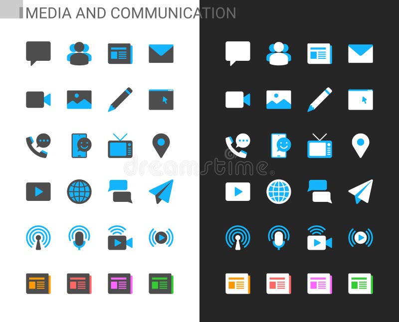 Media and Communication Icons Light and Dark Theme Stock Vector ...