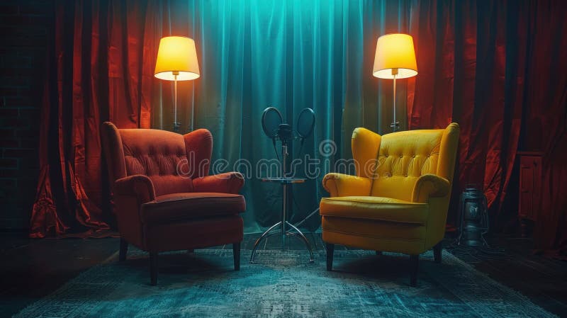 Media Conversation Setup: Two Chairs and Microphones in a Dark Podcast ...