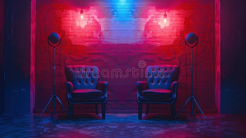 Media Conversation Setup: Two Chairs and Microphones in a Dark Podcast ...