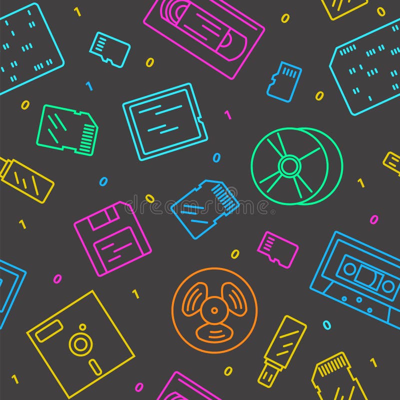 Media Data Storage Devices Evolution. Simple Line Vector Seamless ...