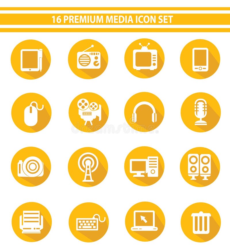 16 Media Icon Set,Yellow Version Stock Illustration - Illustration of ...