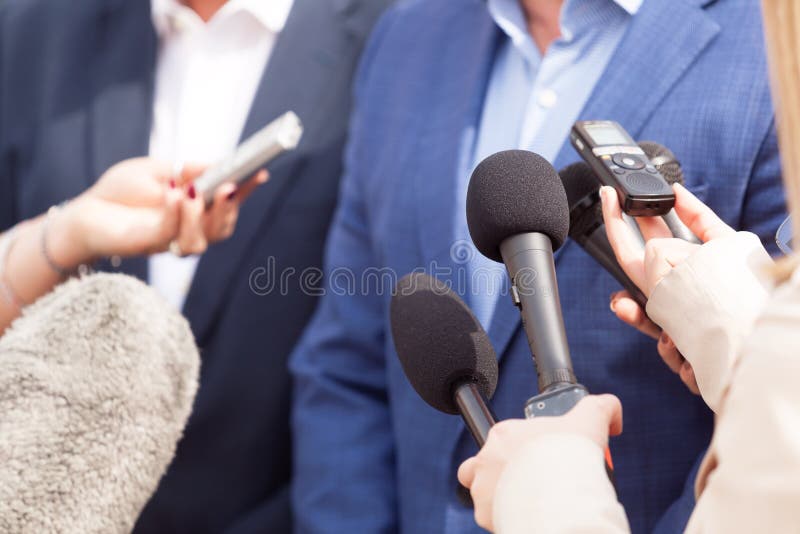 Media Interview. Press Conference. Microphones. Stock Photo - Image of ...