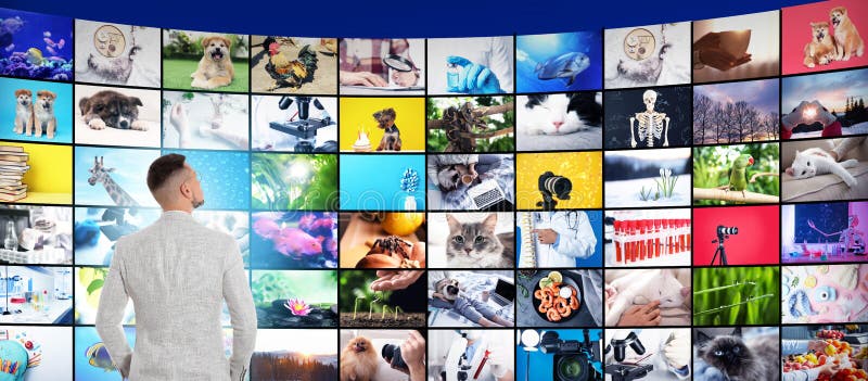 Media Library. Man Using Virtual Video Gallery, Banner Design Stock ...