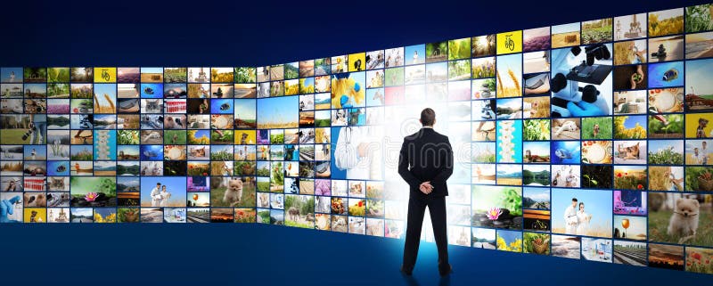 Media Library. Man Using Virtual Video Gallery, Banner Design Stock ...