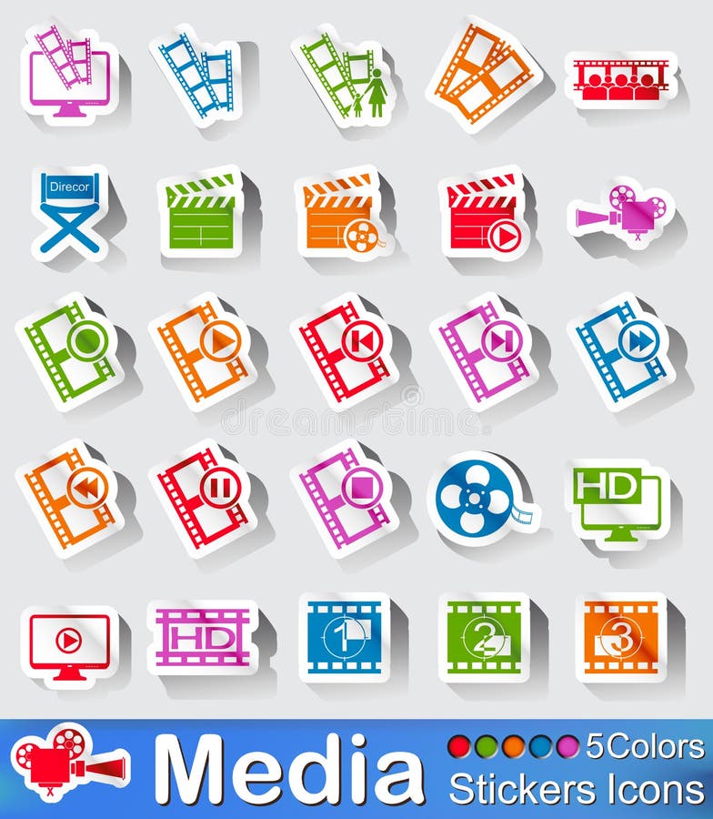 Media Player Stickers Icon in Five Colours Stock Vector - Illustration ...