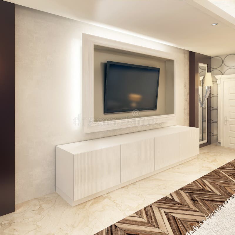 Media Storage TV White Frame and White Drawers Under it. Stock ...