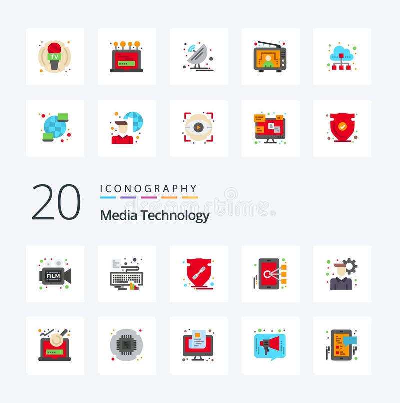 20 Media Technology Flat Color Icon Pack Like Target Focus Attach Cell ...