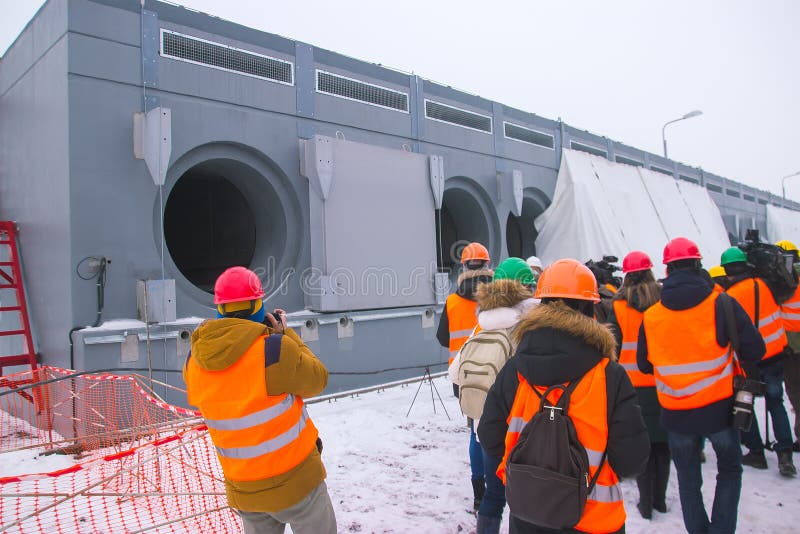Media in Work Helmet and Reflective Vest at Plant Stock Photo - Image ...