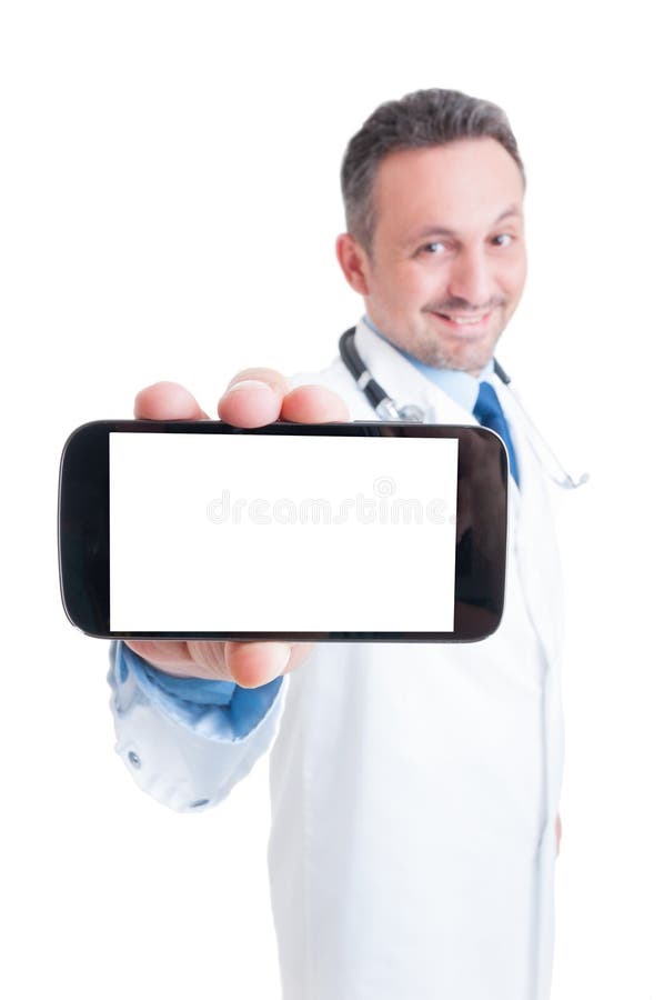 Medic or Doctor Showing and Presenting Blank Screen Smartphone Stock ...