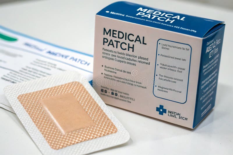 A Medical Adhesive Patch Displayed Next To Its Packaging Stock ...