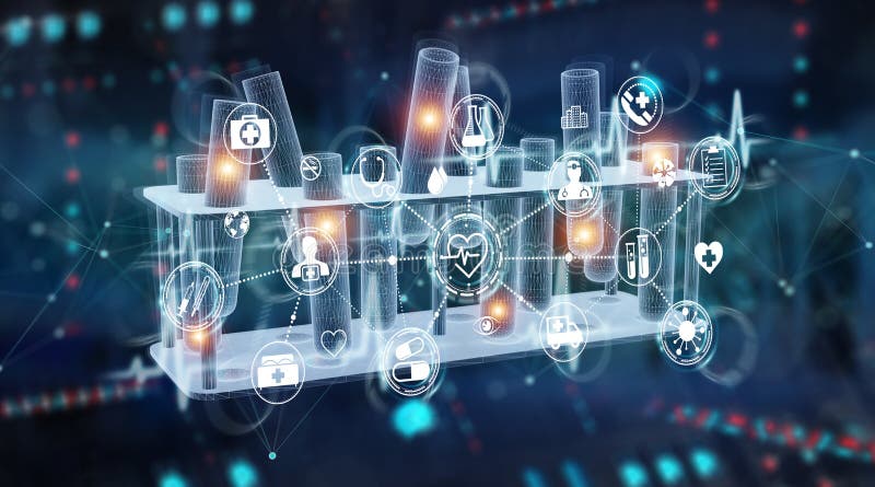 Medical Analysis Tubes Samples Holographic Projection on Blue ...
