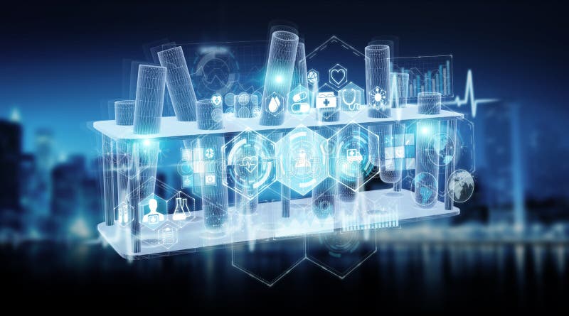 Medical Analysis Tubes Samples Holographic Projection on Blue ...