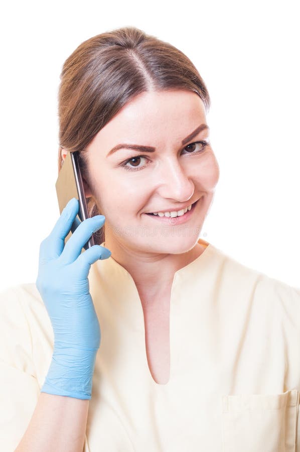 Woman Doctor Or Medical Assistant Using Telephon Stock Photo - Image of ...