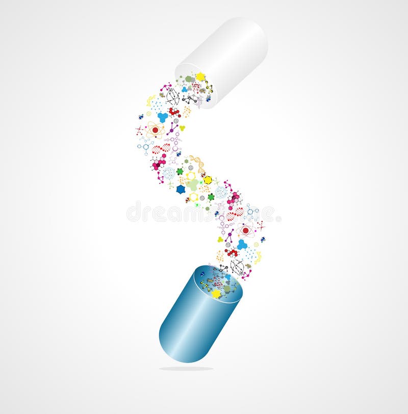 Open Capsule Pill with Falling Out Blue Molecules in Realistic Style ...