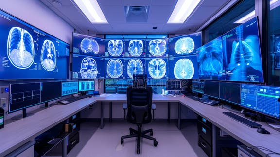 A Medical Control Room with Multiple Monitors Displaying Medical Scans ...