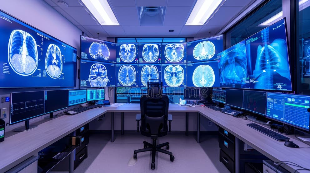 A Medical Control Room with Multiple Monitors Displaying Medical Scans ...