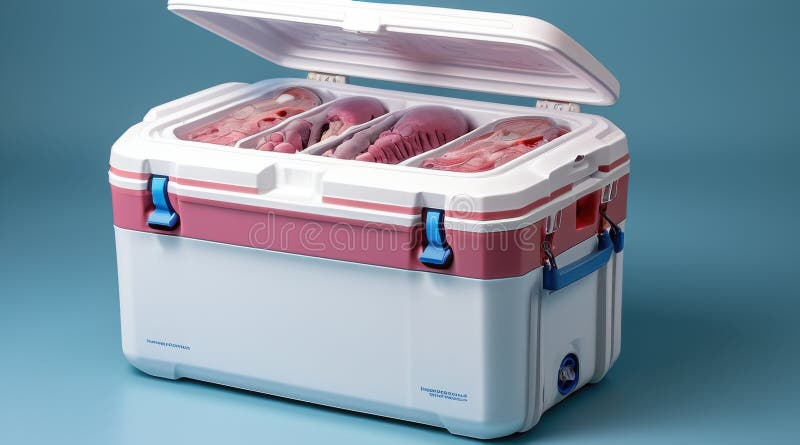 Medical Cooler with Raw Organs, Pink and White Container on Blue ...