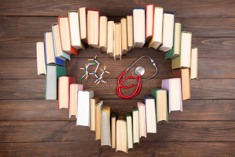 Medical Degree Education Concept - Books in Heart Shape, Molecule Model ...