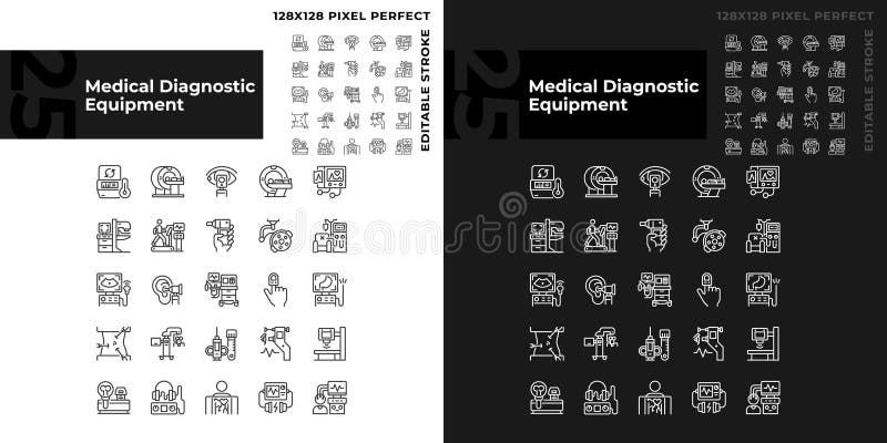Medical Diagnostic Equipment Pixel Perfect Linear Icons Set for Dark ...