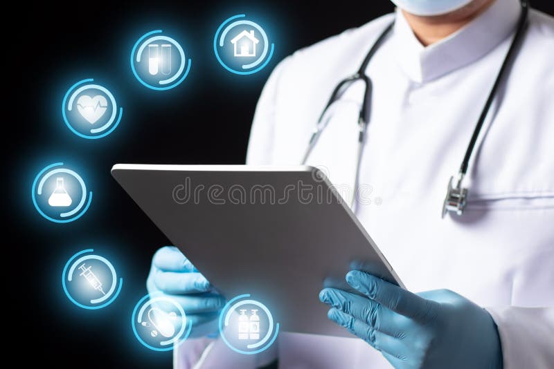 Medical Doctor with Digital Tablet, Medicine Doctor Hand Touching Icon ...