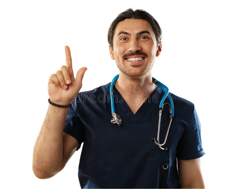 Medical Doctor Man With Stethoscope Point Finger Up Isolated On White Stock Image Image Of