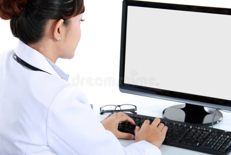 Nurse Sitting and Working at Her Computer Stock Image - Image of office ...