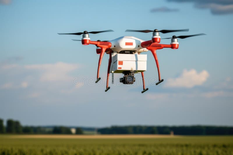 A Medical Drone Carrying a Package Over a Field Stock Photo - Image of ...